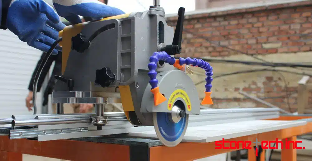 45 miter stone cutting saw machine with rail guide Stone Tech Inc